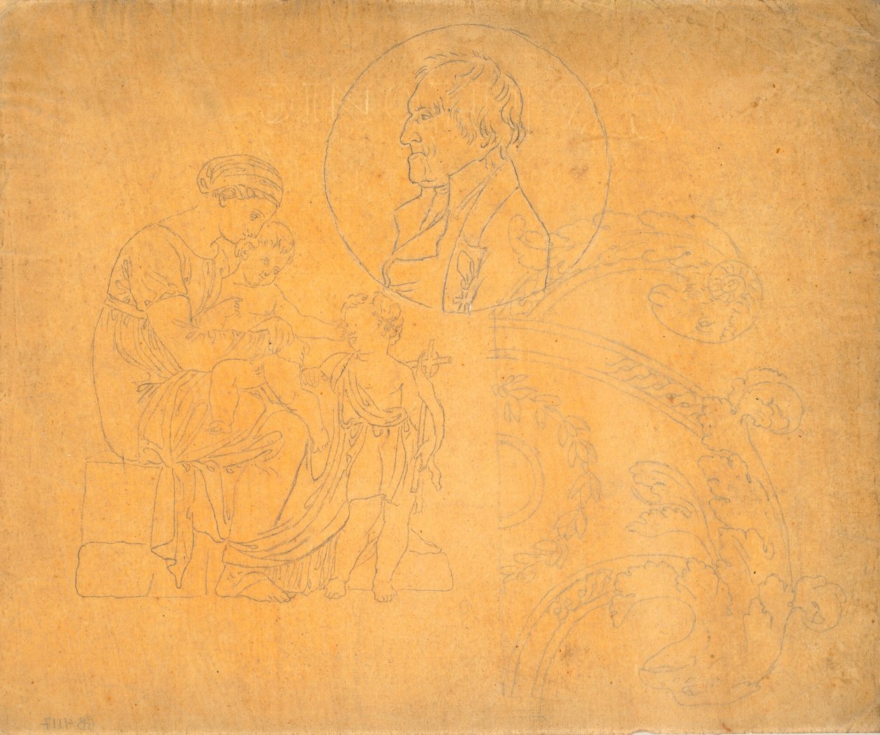 Seated Woman with Two Children and Profile Portrait in Circular Composition