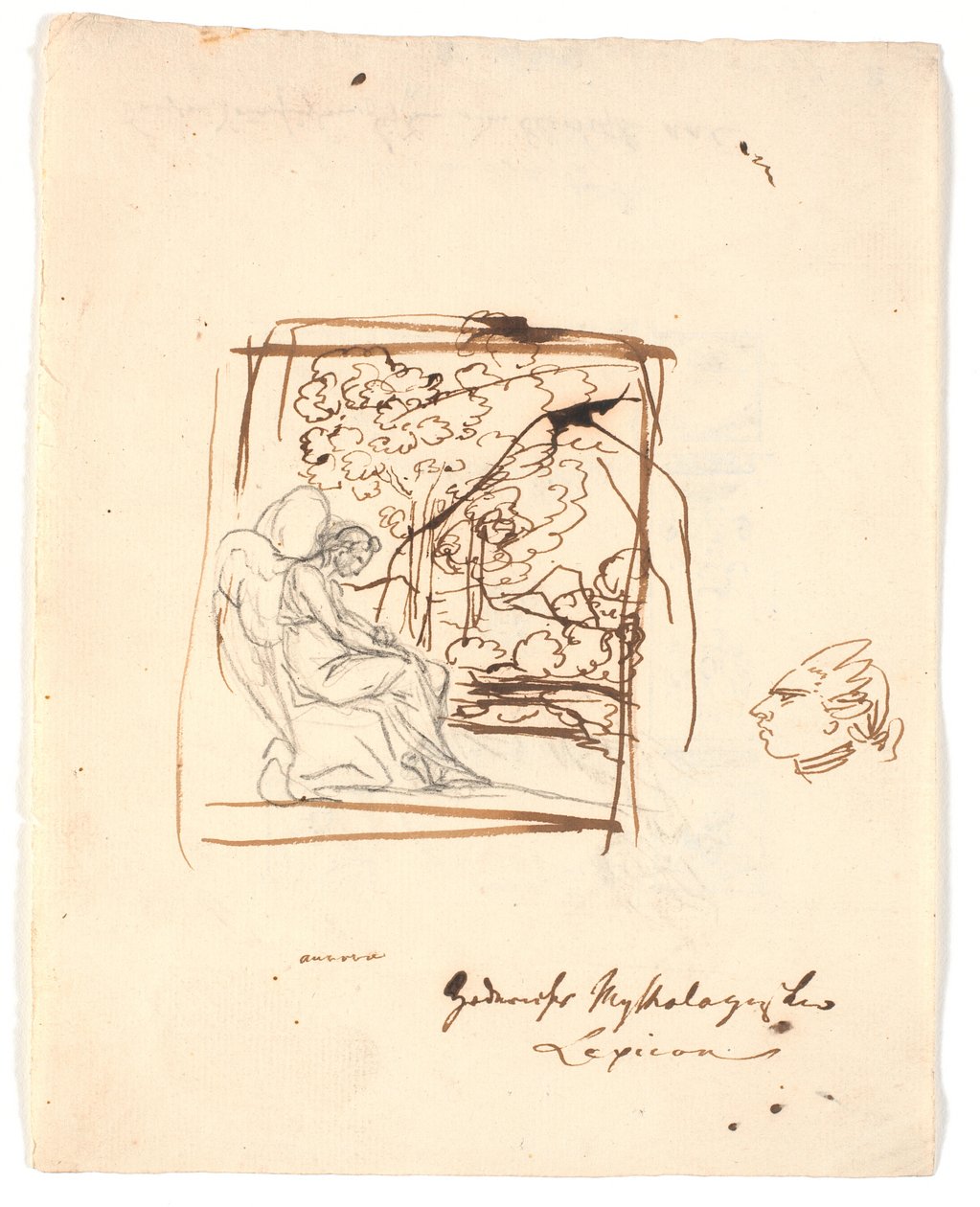 Seated Winged Genius, Trees in the Background; a Caricatured Head on ...