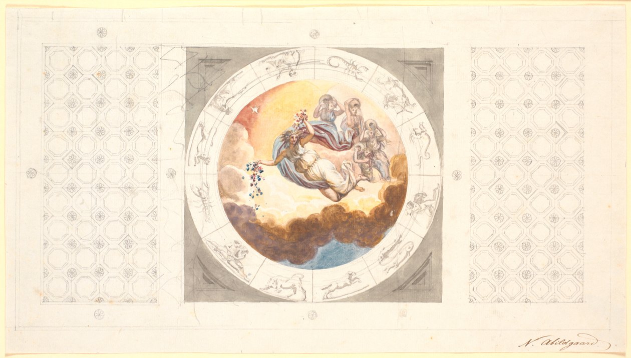 Draft for ceiling decoration with coffers and in the middle a circular ...
