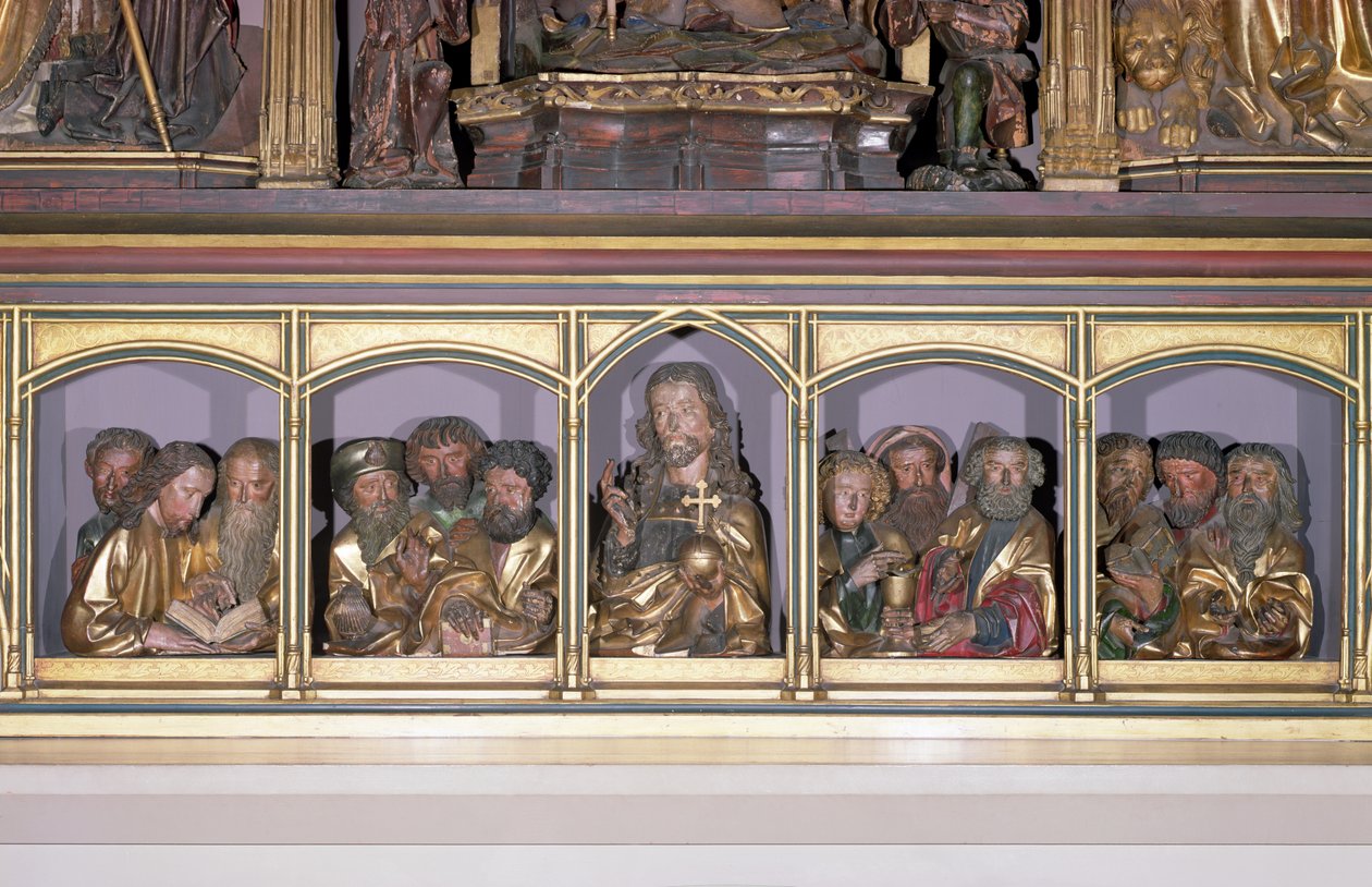 Wooden carvings of Christ and the Twelve Apostles, from the predella of ...