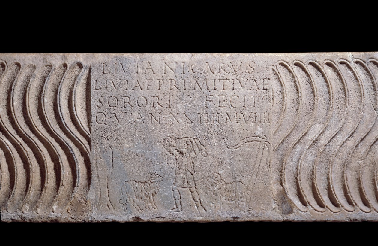 Fragmentary Sarcophagus Tank: Good Shepherd and Epitaph of Livia Primitiva