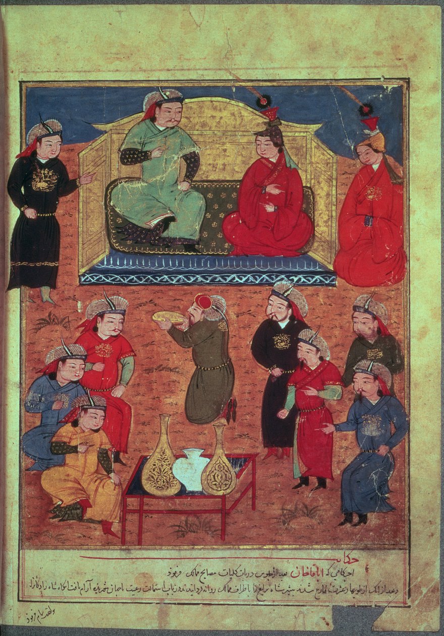 Arghan Khan with two of his wives and his son Ghazan, from a book by ...