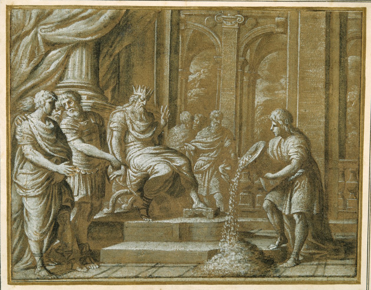 An Elderly King, Enthroned with Attendants in an Architectural Setting ...