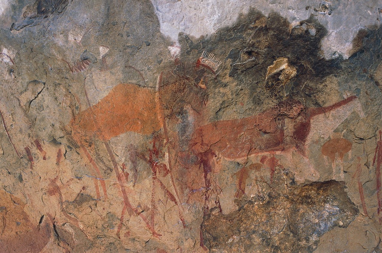 Human and animal figures, bushmen or san cave paintings, Maloti ...