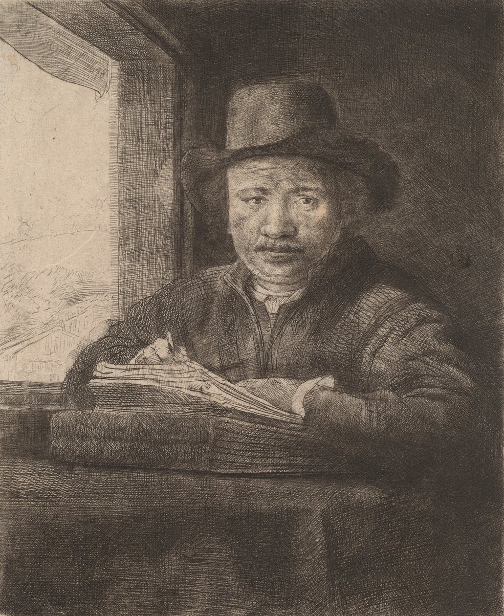 Self-Portrait Drawing at a Window by Rembrandt van Rijn