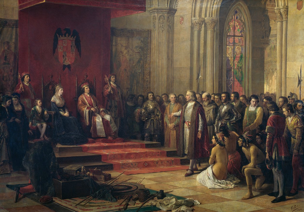 Christopher Columbus received by the Catholic kings in Barcelona on his ...