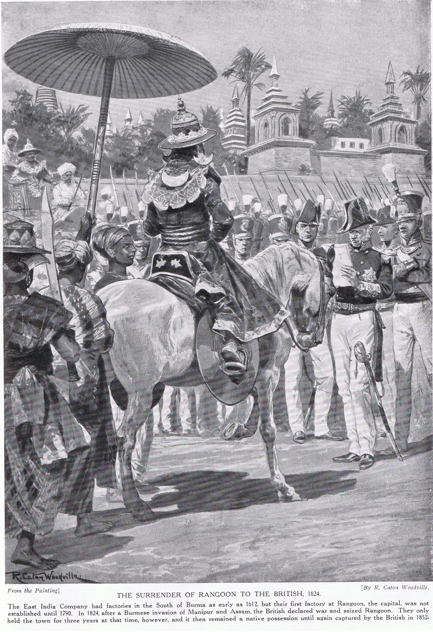 The surrender of Rangoon to the British, 1824, illustration from ...