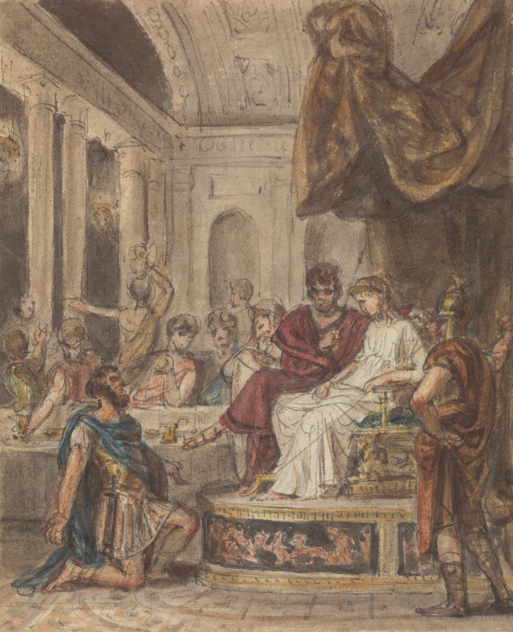 Banquet Scene, with a Roman Soldier Kneeling to a Female Figure Sitting ...