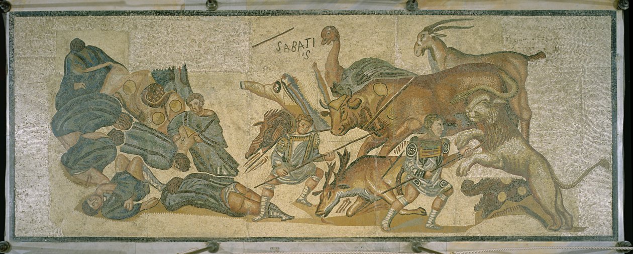 Battle between gladiators and animals by Roman