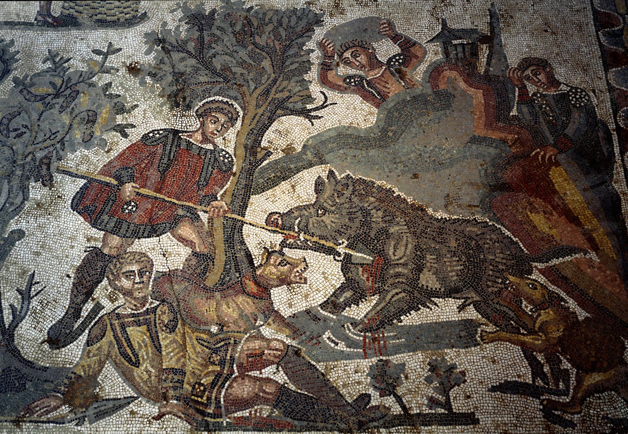 A hunter wounds attack by a boar, one of his companions repels the ...