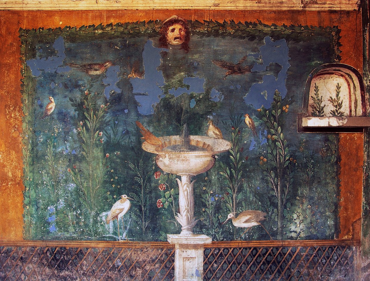 Fresco with fountain, mask and birds, House of Venus in shell, Pompeii ...