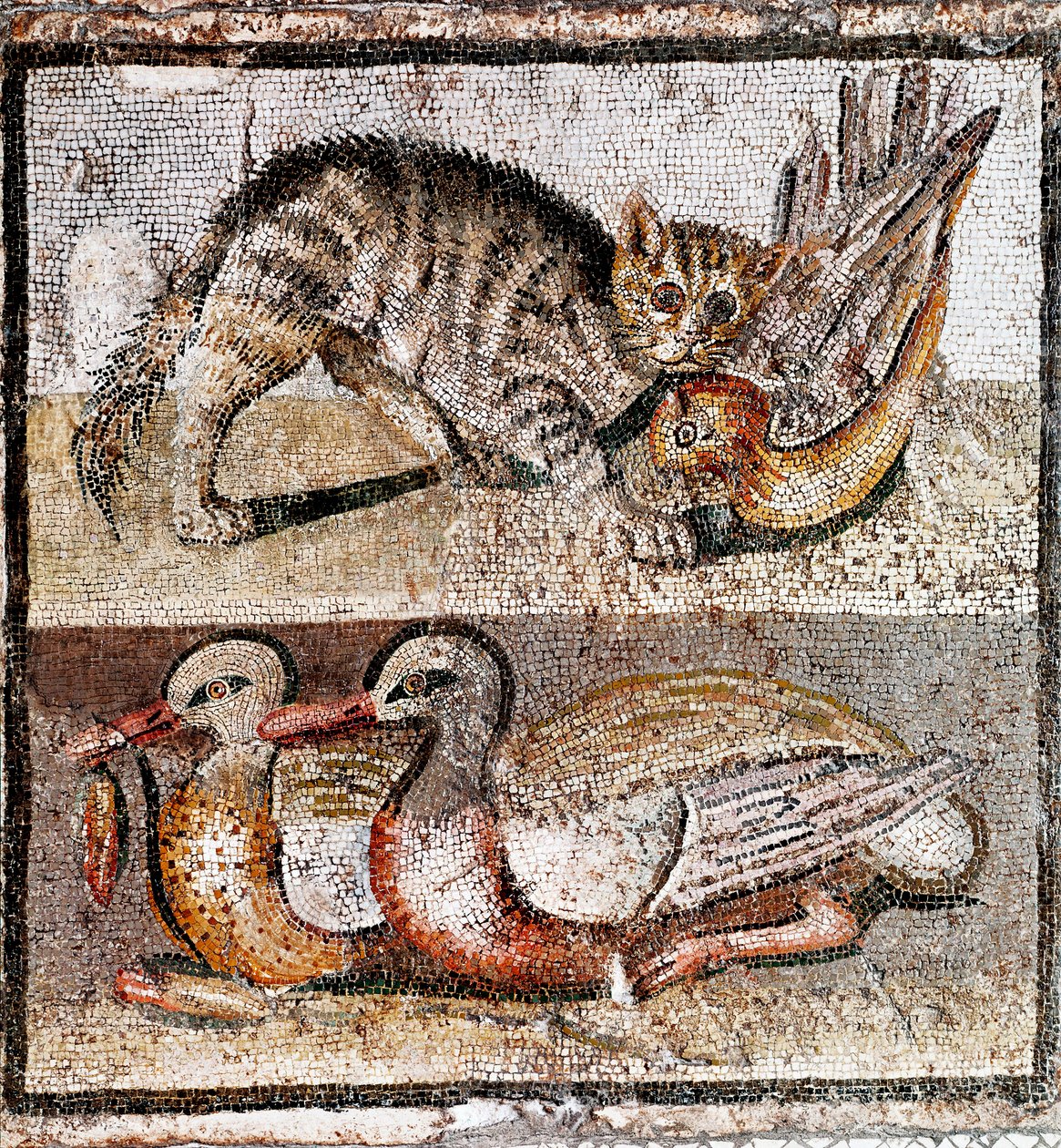 Roman Art: mosaic depicting a wild cat catching a partridge and two ...