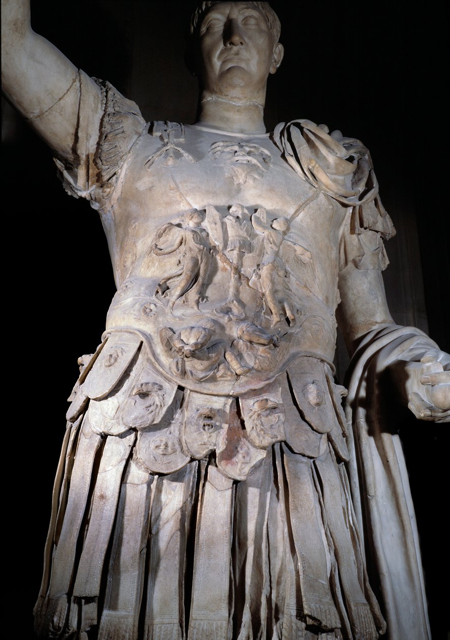 Statue of Roman Emperor Trajan (53-117 AD) standing, battleship. Detail ...