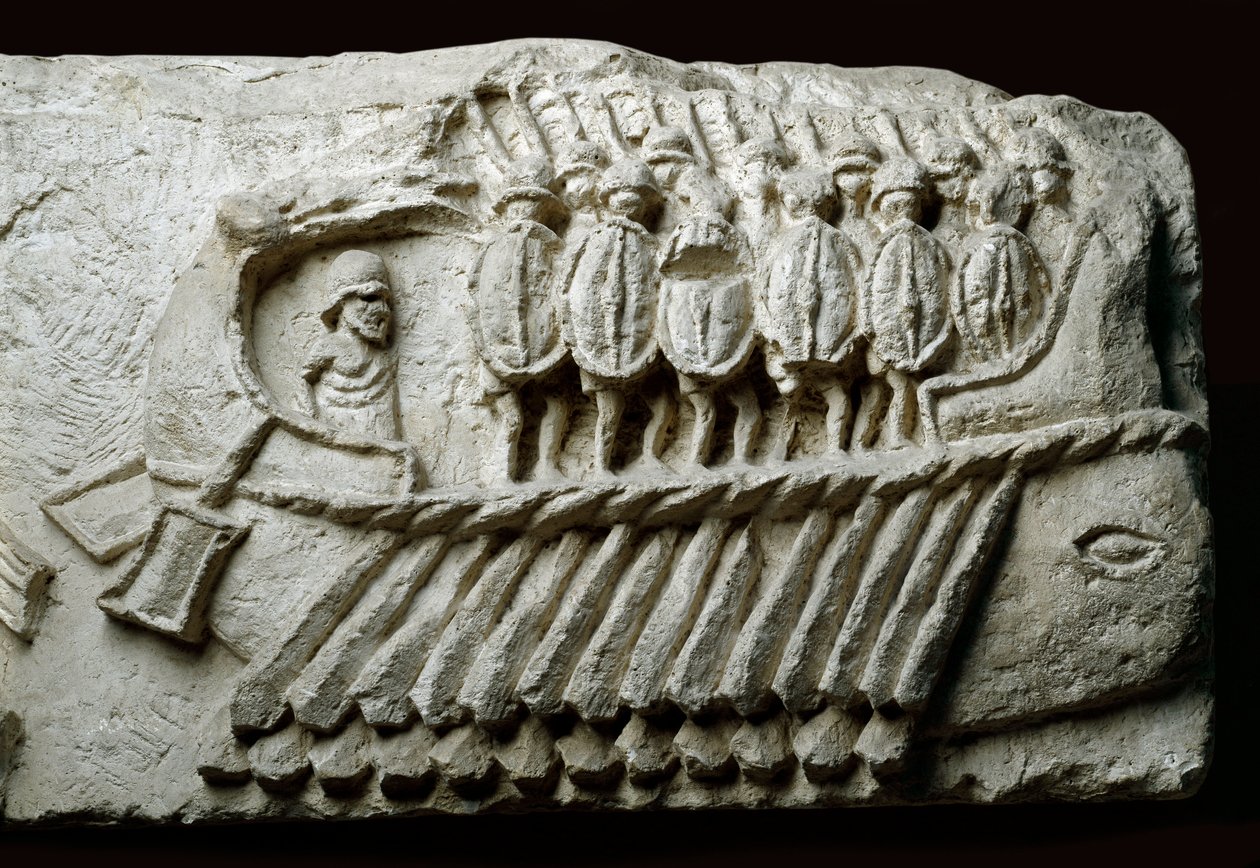 Cast of a Roman Bireme Warship Carrying Armed Soldiers