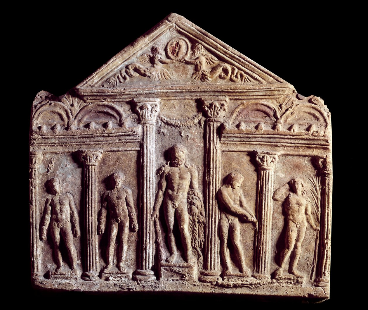 Decorative Terracotta Plaque Representing a Temple with Statues