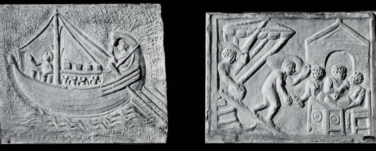Relief depicting a merchant ship and relief depicting the unloading of ...