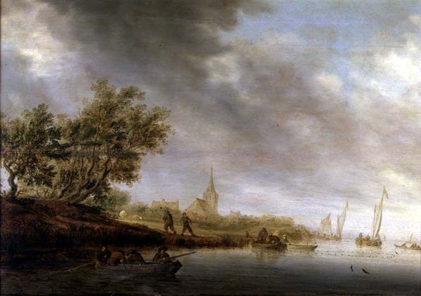 Wooded River Landscape with Barges