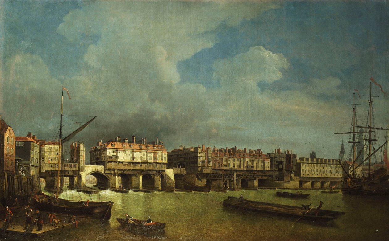 A View of Old London Bridge with Barges on the Thames