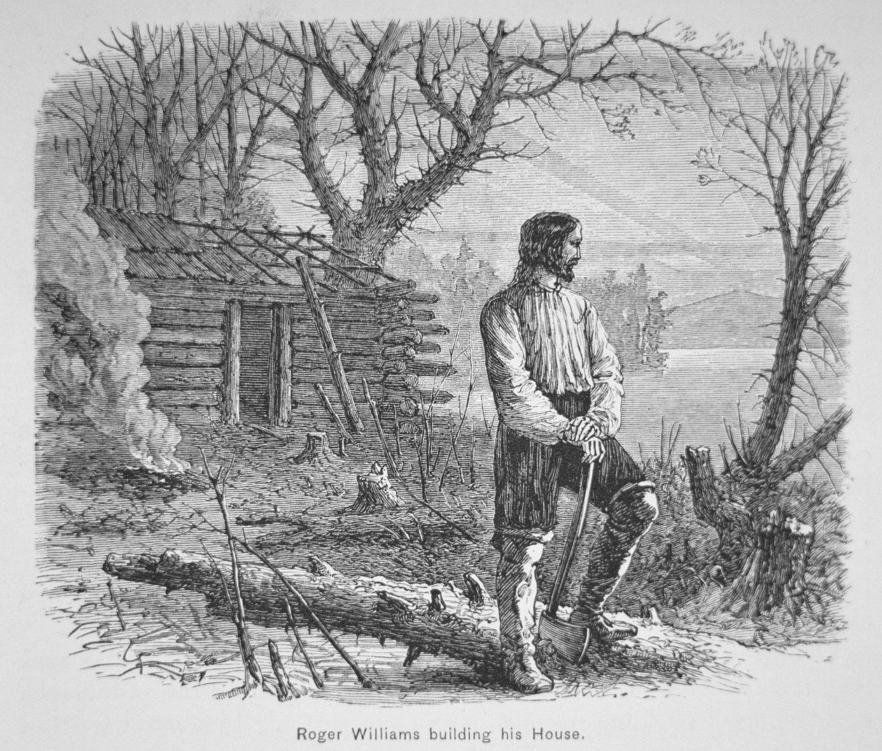 Roger Williams builds a cabin on the Seekonk River