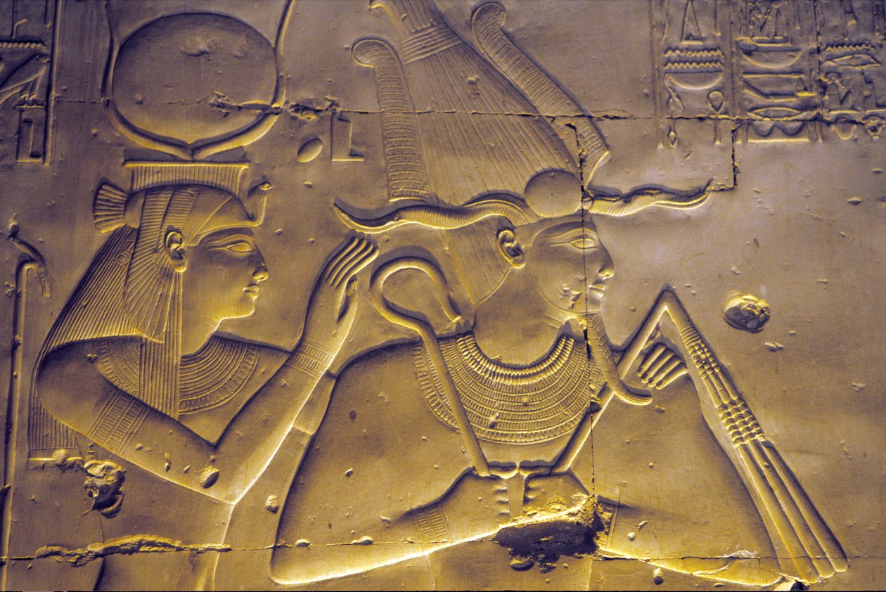 Ancient Egypt, Goddess Isis Embraces Her Seated Husband, Osiris, Temple ...