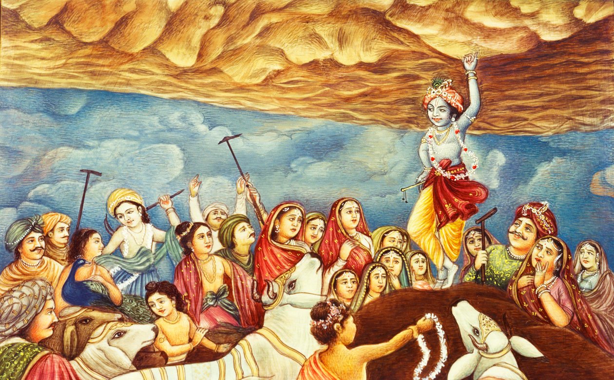Lord Krishna Lifting Mountain Miniature Painting