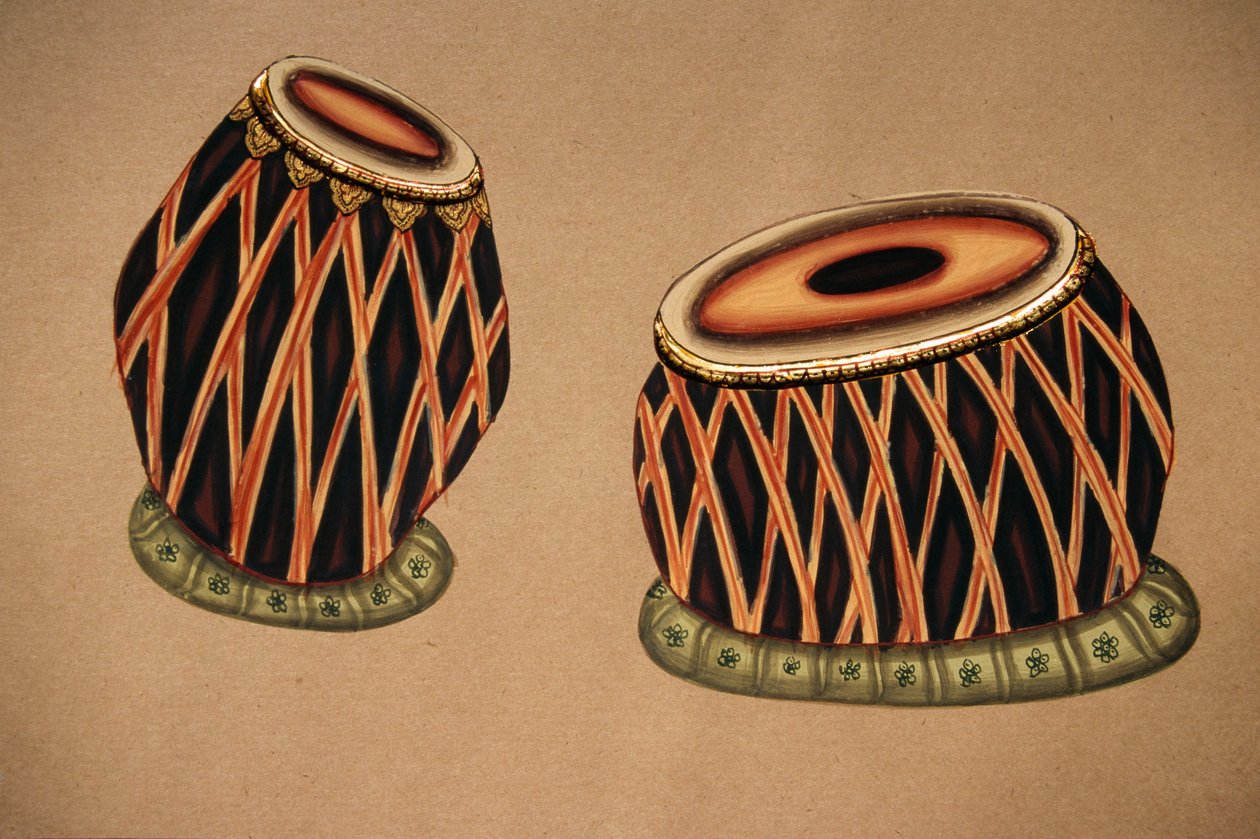 Miniature Painting on Paper, Indian Classical Musical Instrument Tabla