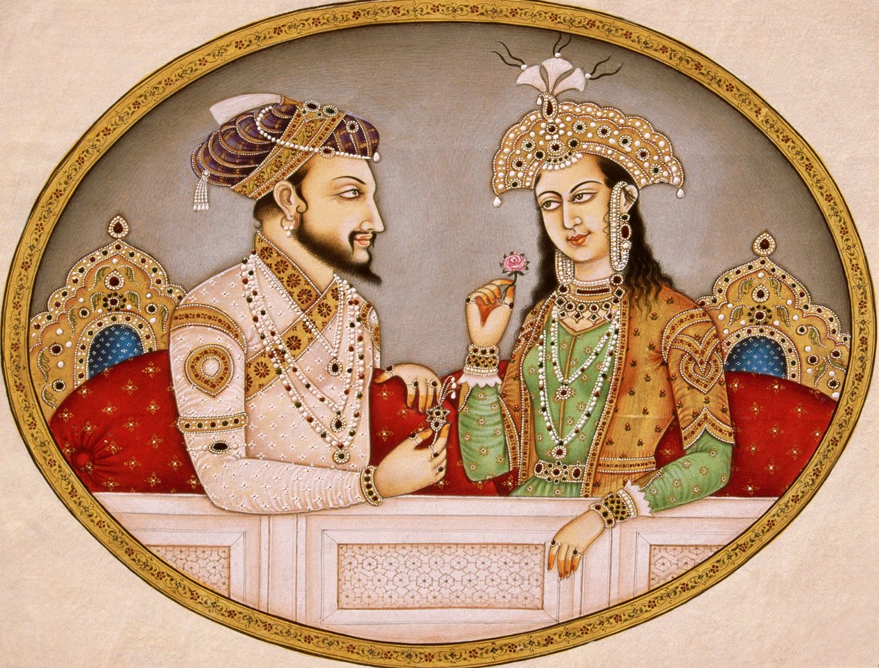 Portrait of Mughal Emperor Shahjahan with Queen Mumtaz Mahal, India