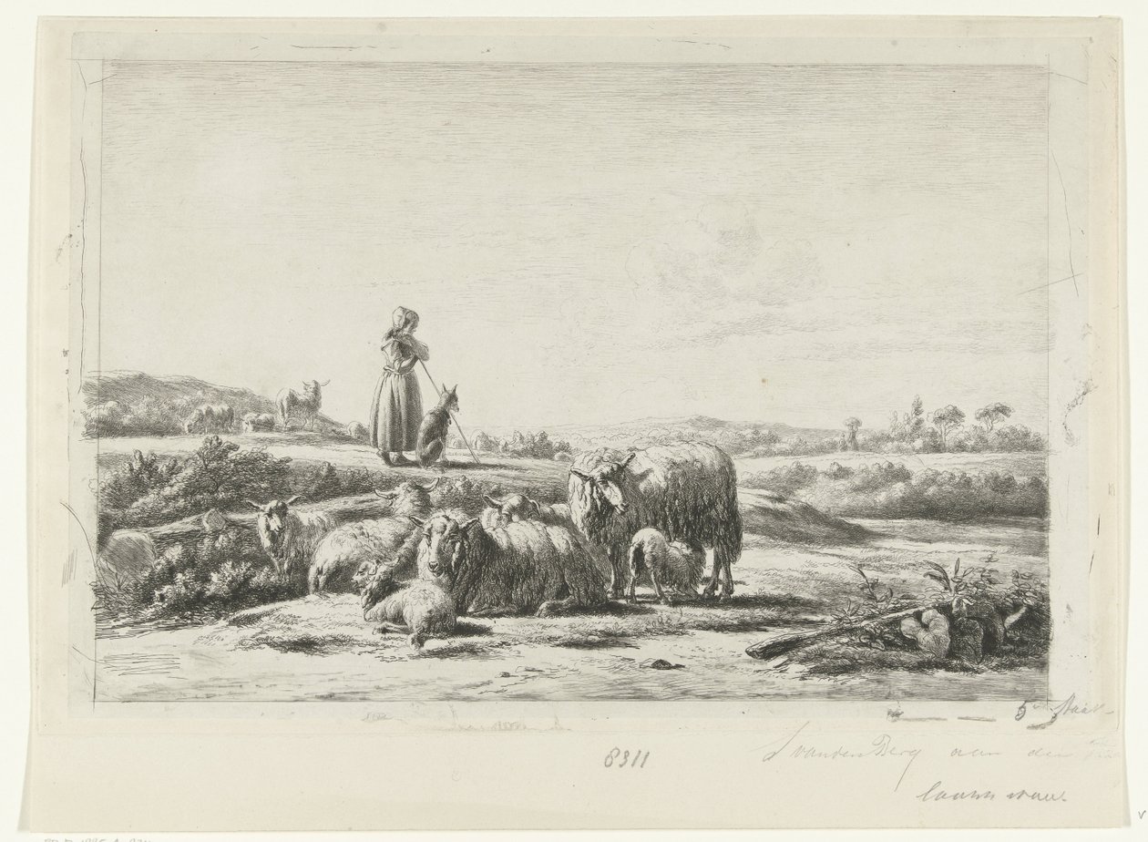 Landscape with Shepherdess and Dog by Flock of Sheep