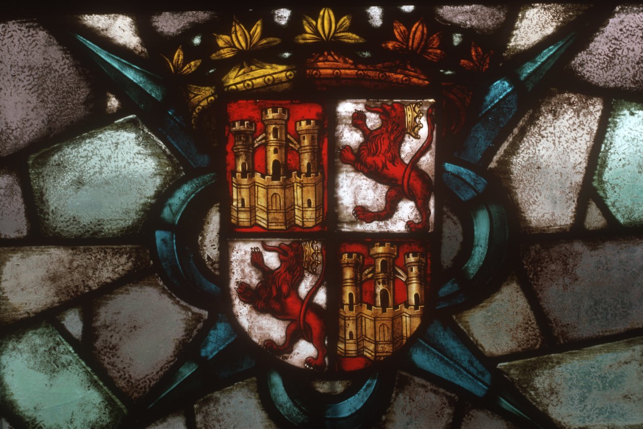 A coat of arms depicting two castles and two rampant lions