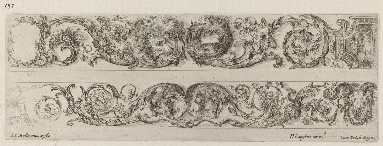 Two Ornamental Bands with Facing Heads of Lion and Eagle, and Two Rams