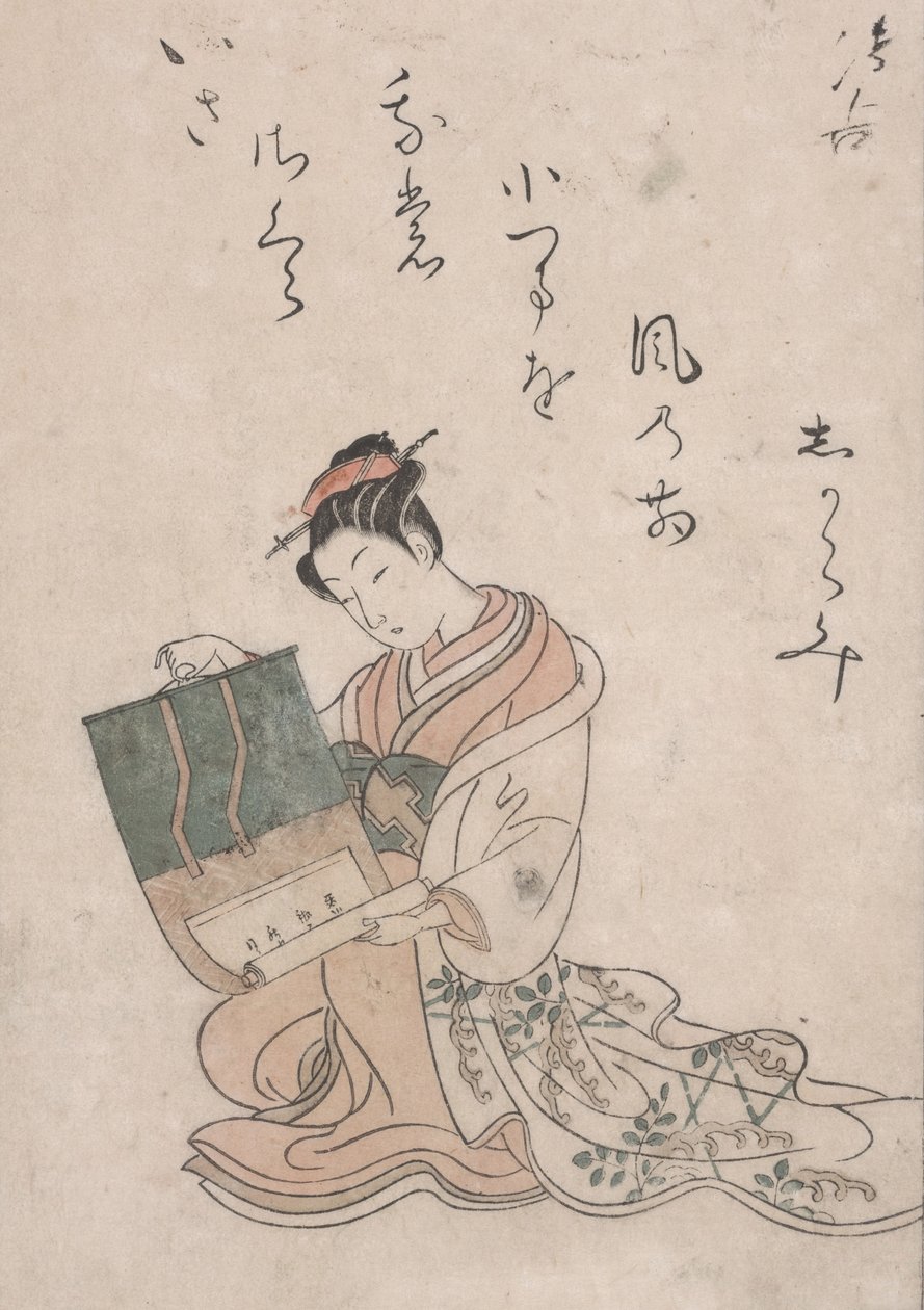 Beauty Unrolling Scroll, c.1770 (color woodcut on japanese paper)