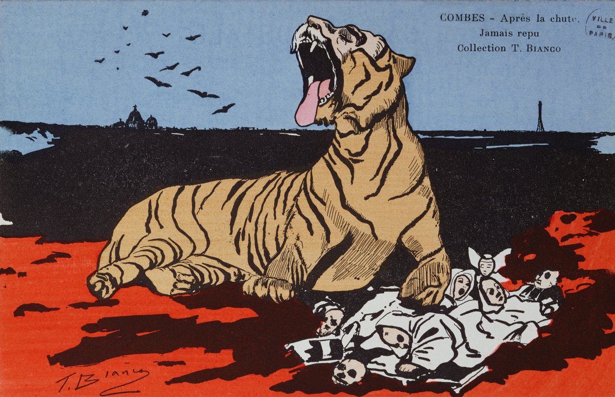 Caricature of Justin-Louis-Emile Combes as a Tiger Eating the Clerics ...