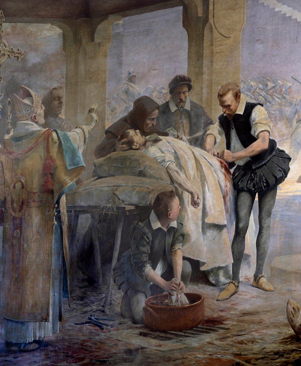 The doctor Ambroise Pare practices the ligation of the arteries on a harquebusier injured during ...