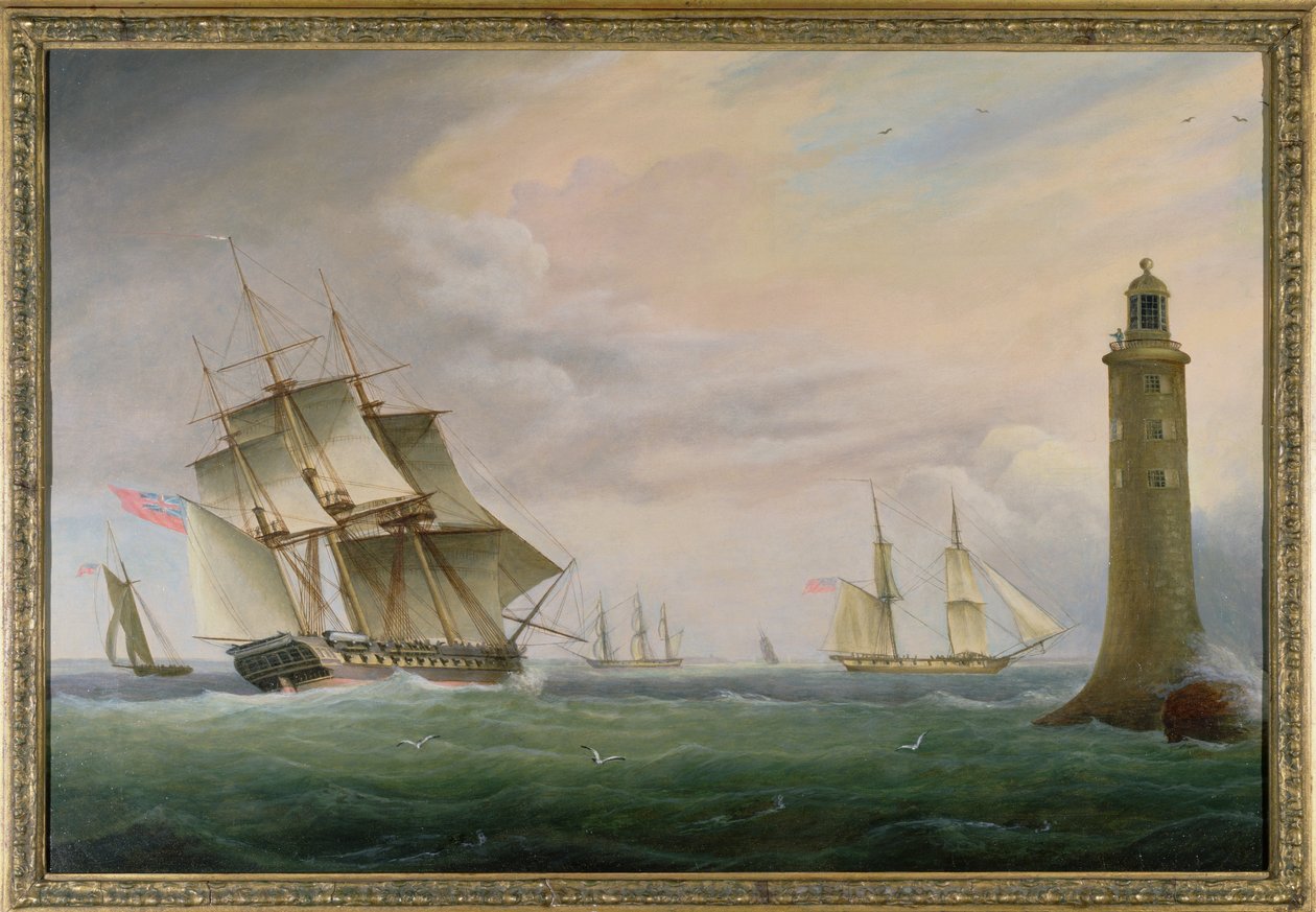 A Frigate and a Naval Brig passing the Eddystone Lighthouse