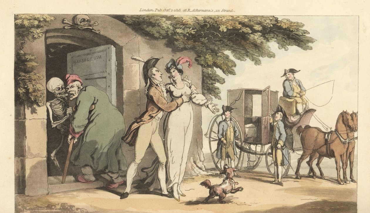 The skeleton of Death leads an old man into a mausoleum, leaving his ...