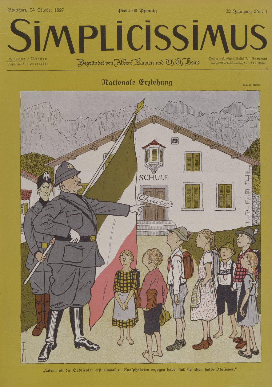 Mussolini (1883-1945) and the Italian Tyrol, cartoon from ...