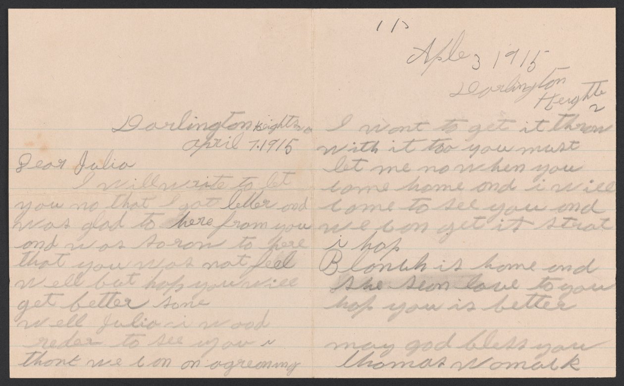 Letter from Thomas Womack to Julia Womack with Envelope