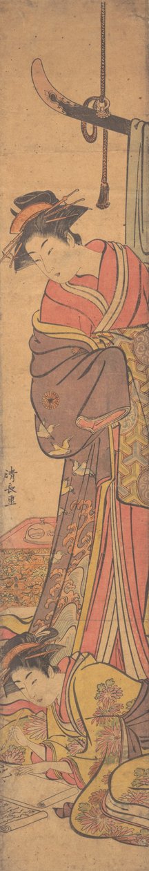 Young Woman Looking over Shoulder of Another who is Writing a Letter