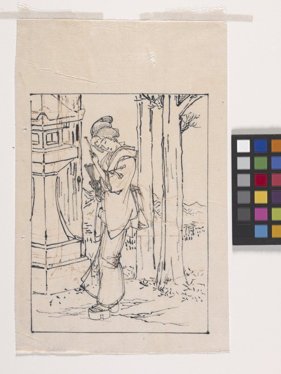 Drawing of a Young Woman Standing by a Stone Lantern