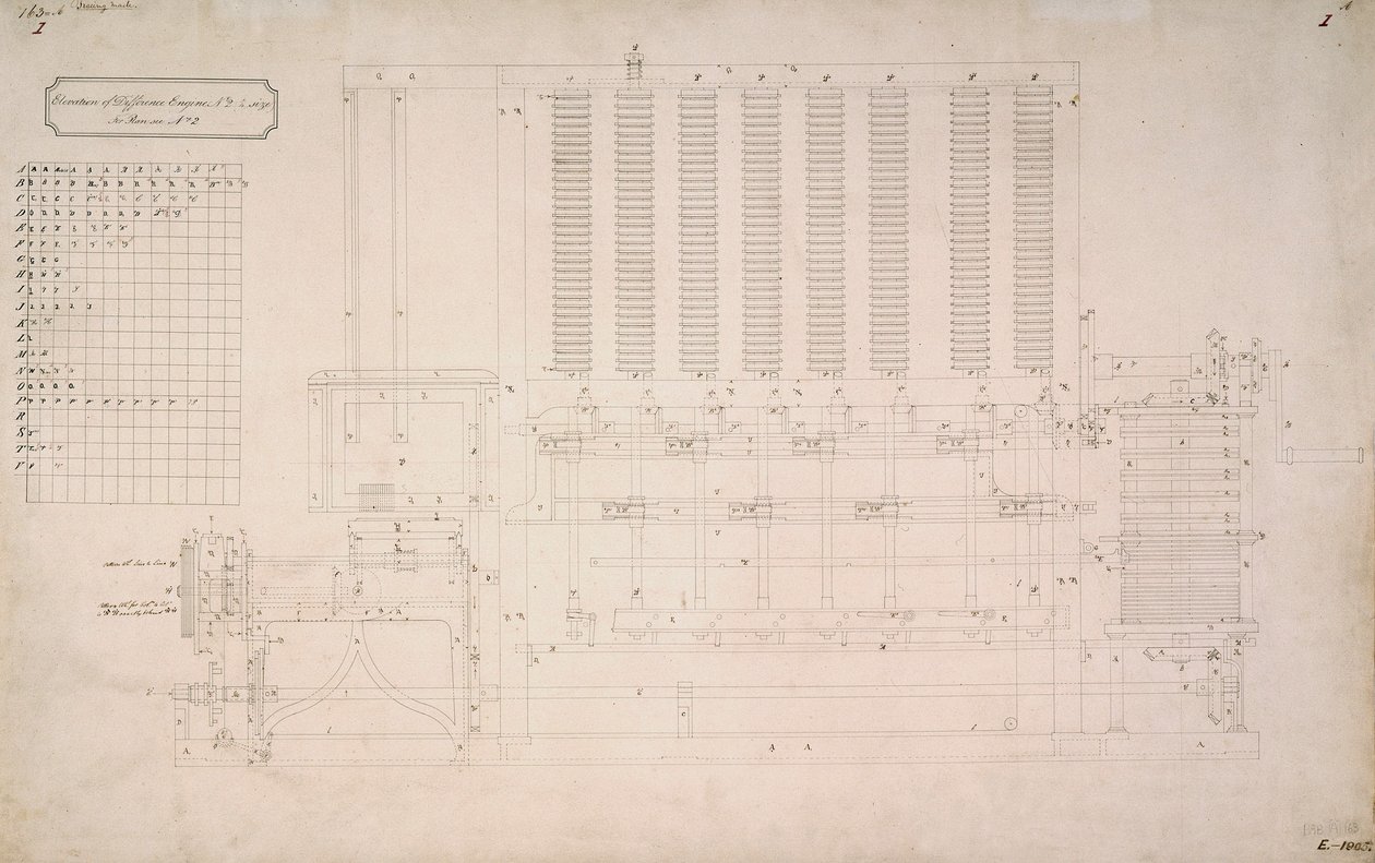 Babbage Engines, Side View Drawing of Difference Engine No 2