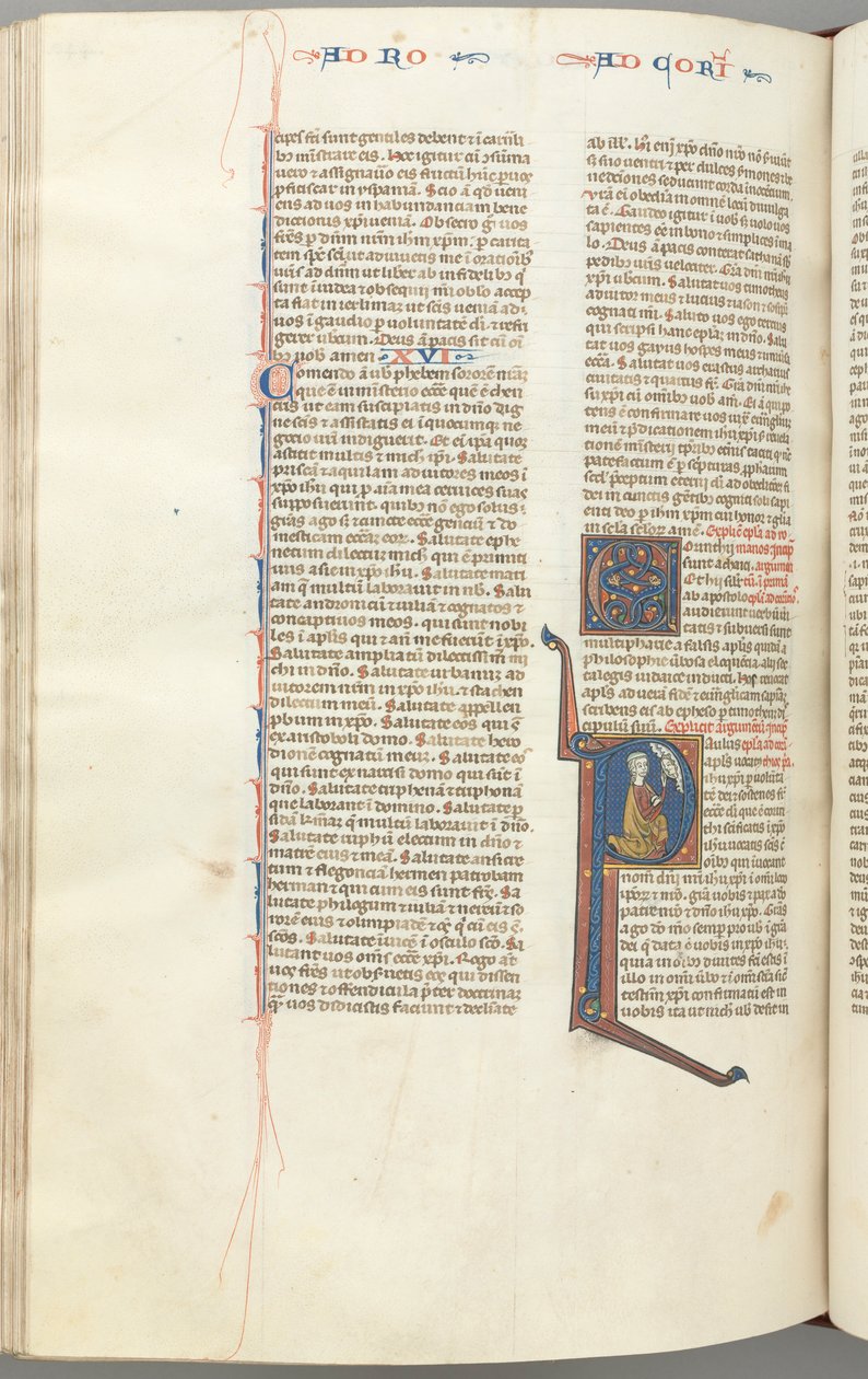 Fol. 440v, Corinthians I, historiated initial P, Paul kneeling talking ...