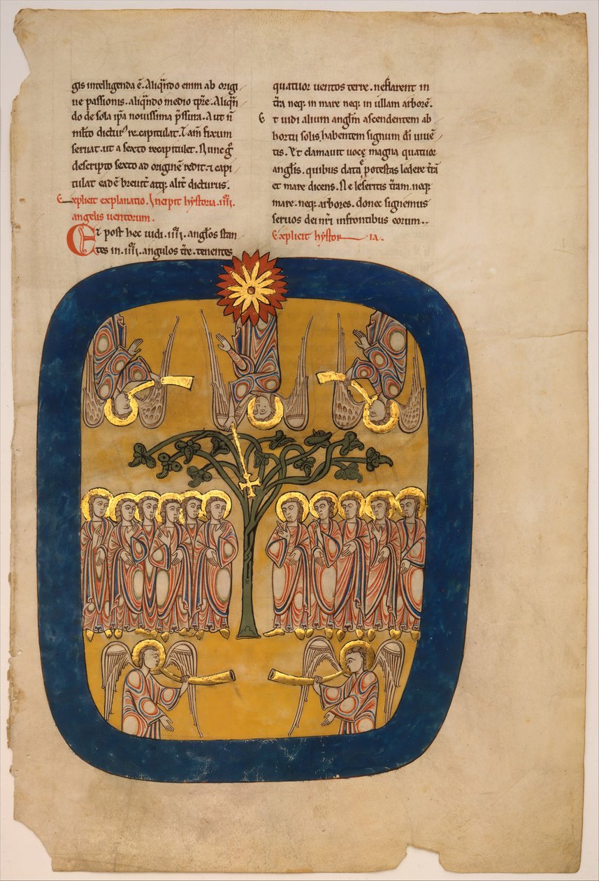 Leaf from a Beatus Manuscript: Angels Restrain the Four Winds..., ca. 1180