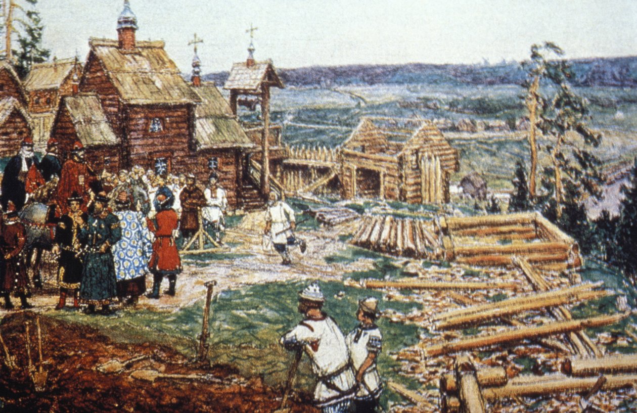 Depiction of the Construction of the Moscow Kremlin Out of Logs Under ...