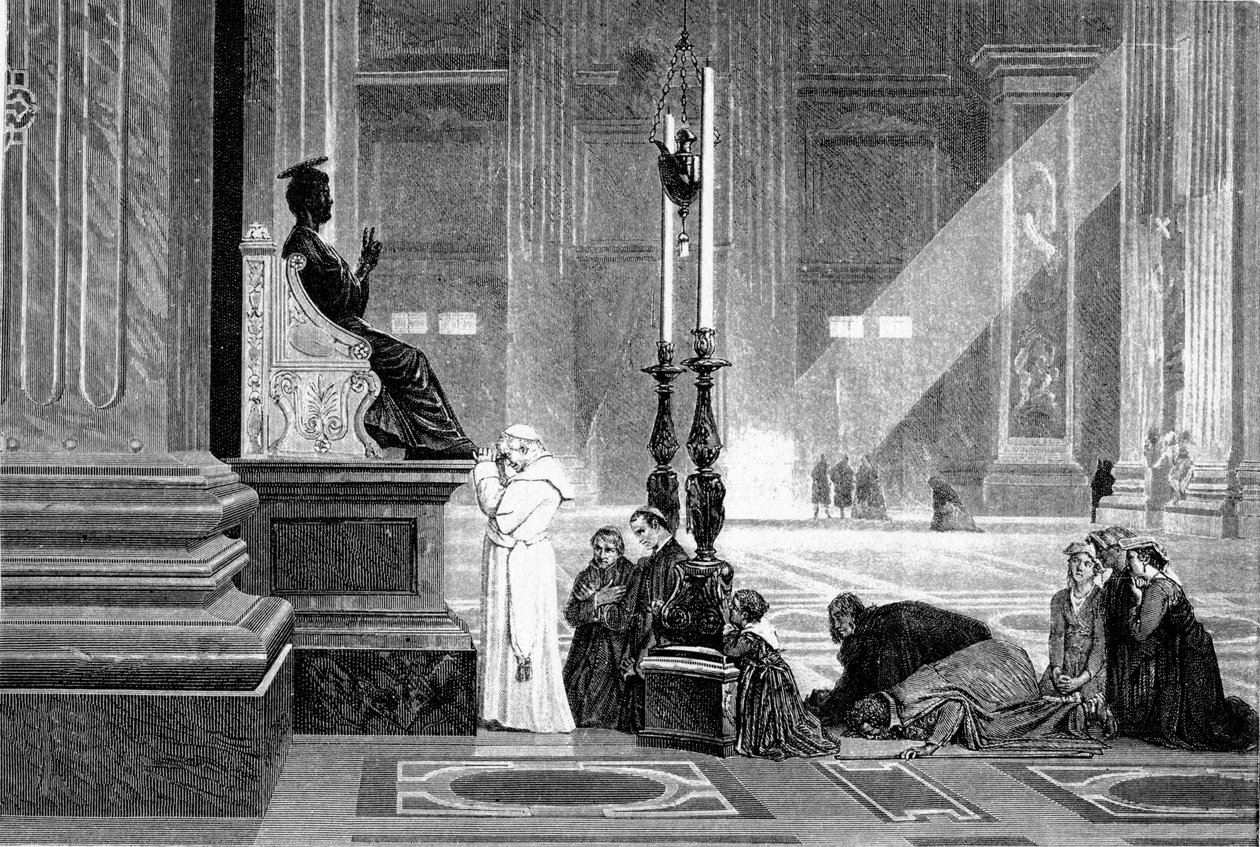 Pope Pius IX in prayer before the statue of St. Peter in the Vatican ...