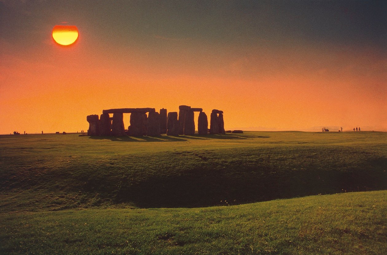 Stonehenge, Bronze Age megalithic monument at sunset
