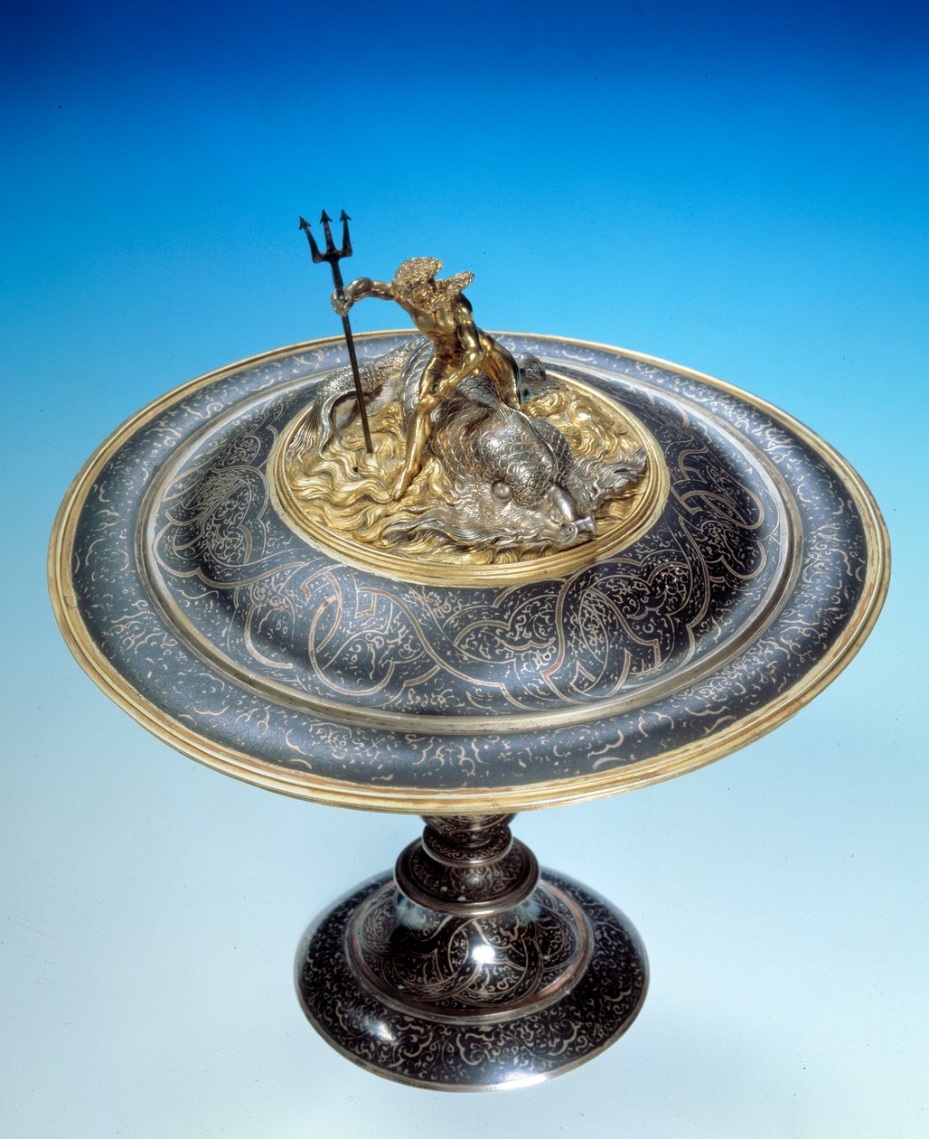 Cup Covered in Silver Niello and Gold Topped by a Statuette of Neptune