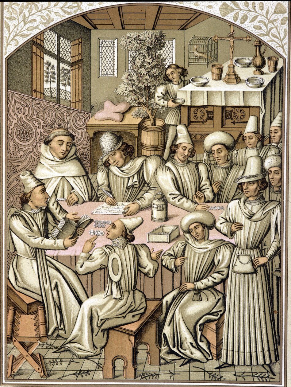 Representation of civil servants in the 14th century. Chromolithograph ...