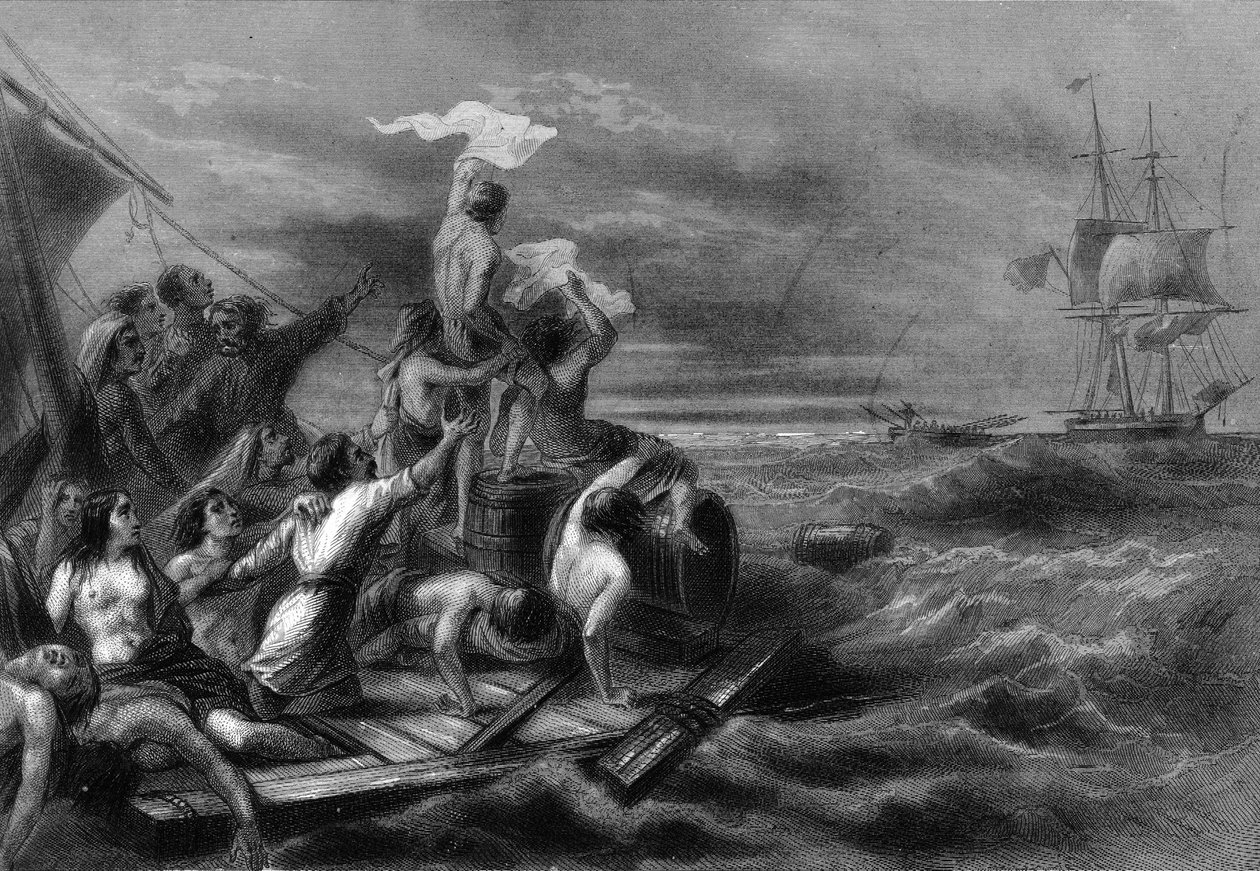 The raft of the Medusa seeing the Argus offshore. in 'Histoire générale ...