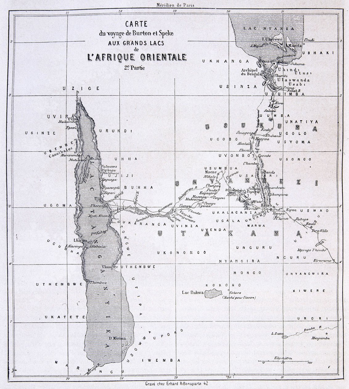 Travel map of Richard Francis Burton, British explorer and Speke to the Great Lakes of East ...