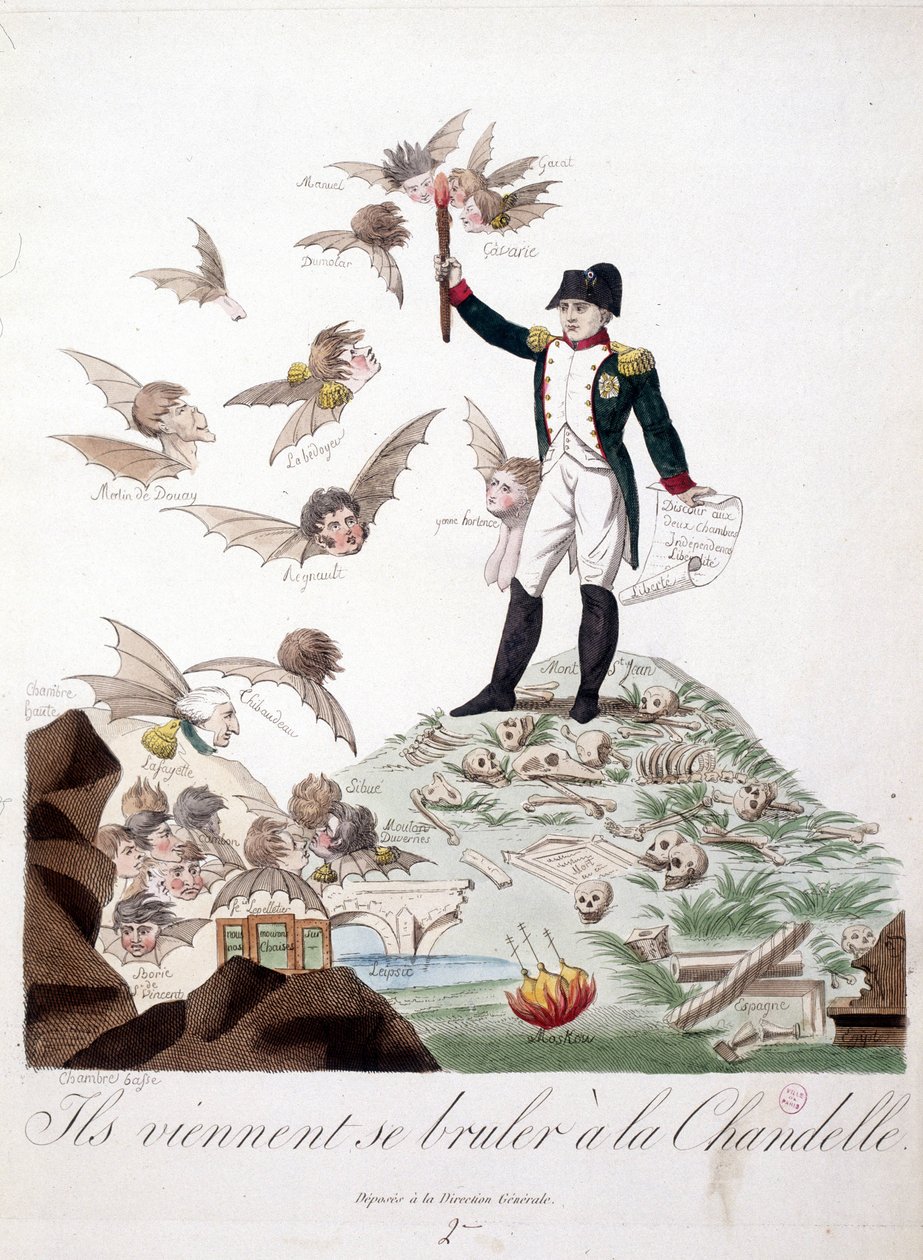Cartoon about Napoleon I depicted on a hill covered with skeletons and ...